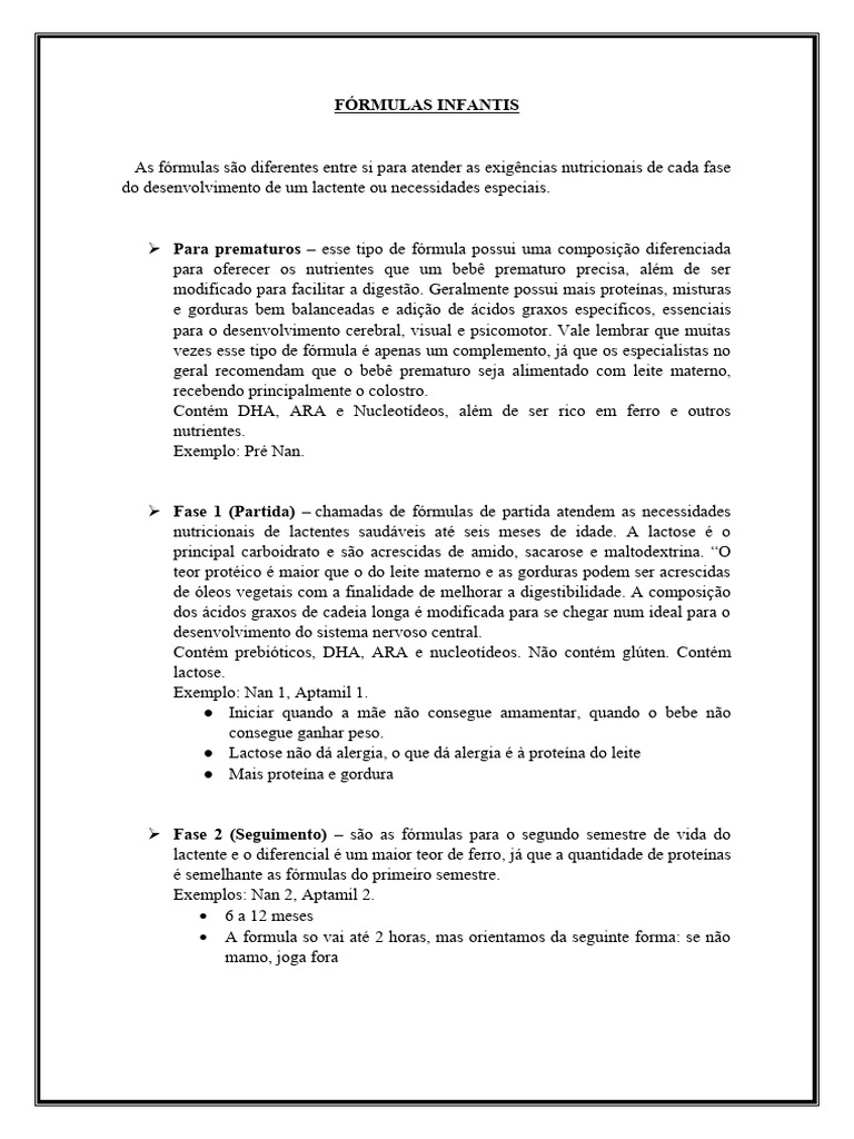 FÓRMULAS INFANTIS | PDF | Amamentação | Leite