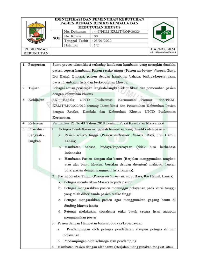 3.1.1 A.2 Sop Identifikasi Dan Pemenuhan Kebutuhan Pasien Dengan Resiko Kendala Dan Kebutuhan ...