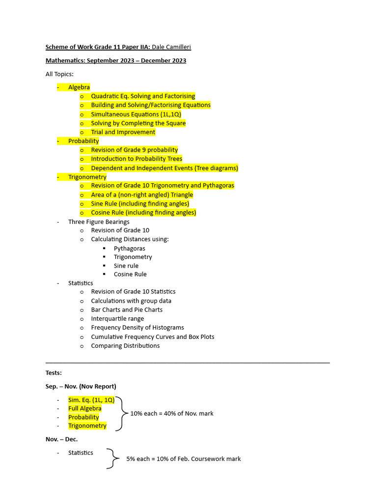Scheme of Work Grade 11 Paper IIA | Download Free PDF | Trigonometry | Mathematical Objects