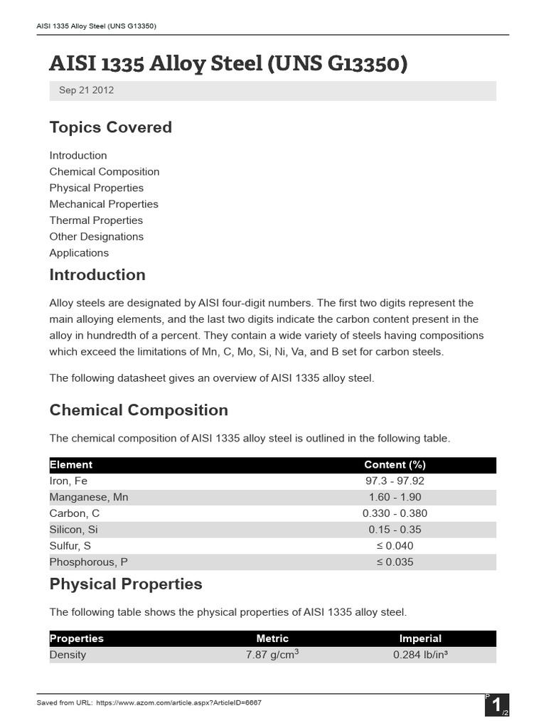 AISI 1335 Alloy Steel Overview | PDF | Steel | Alloy