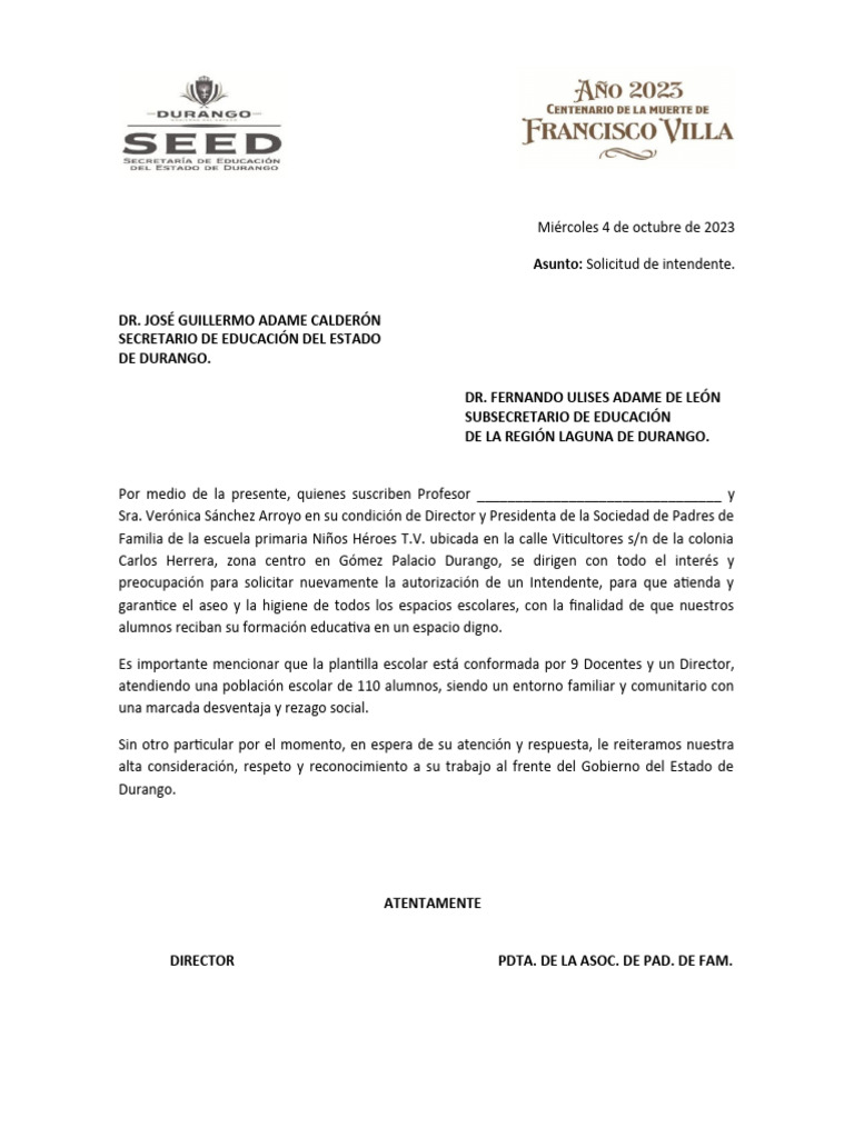 Solicitud de Intendente Escolar | PDF