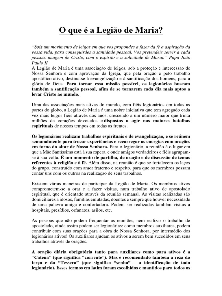 O que é a Legião de Maria | PDF | Oração | Maria, mãe de Jesus