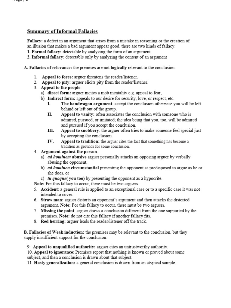 Print Summary of I. Fallacies | PDF | Fallacy | Reasoning