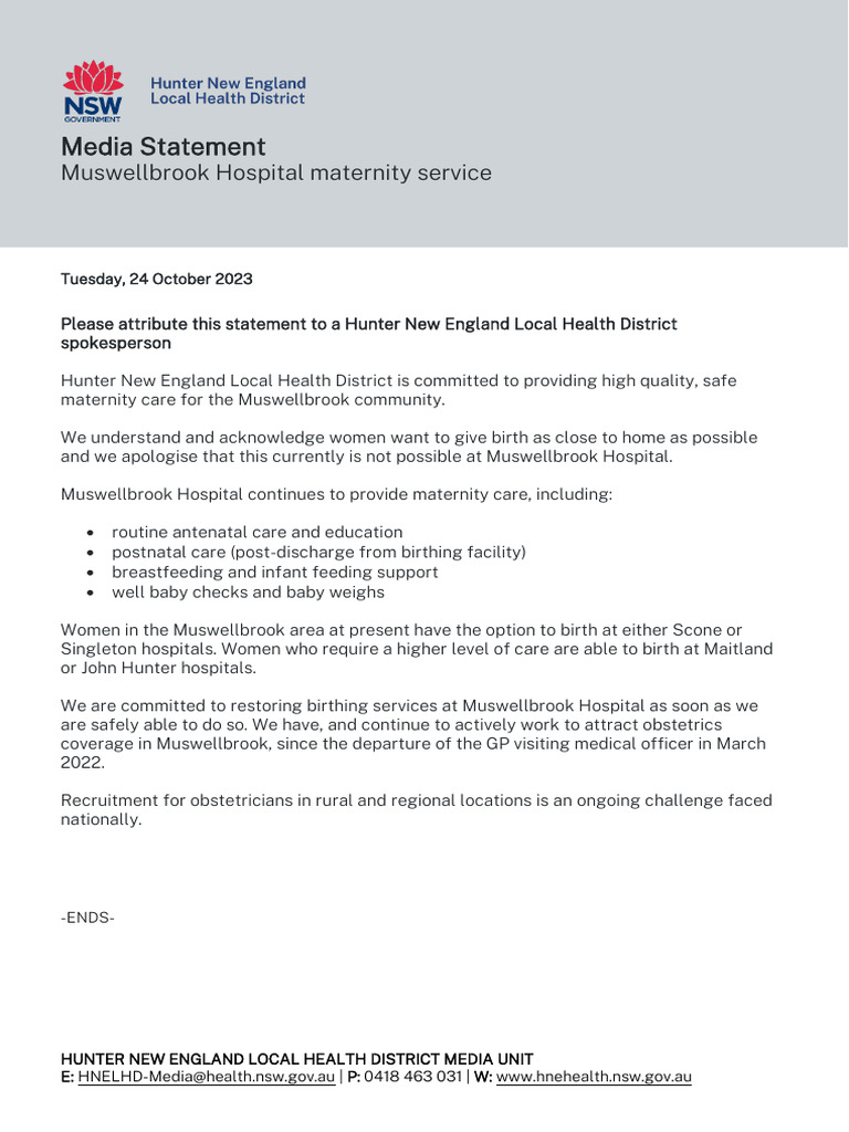 HNELHD Media Statement - Muswellbrook Maternity Unit | PDF