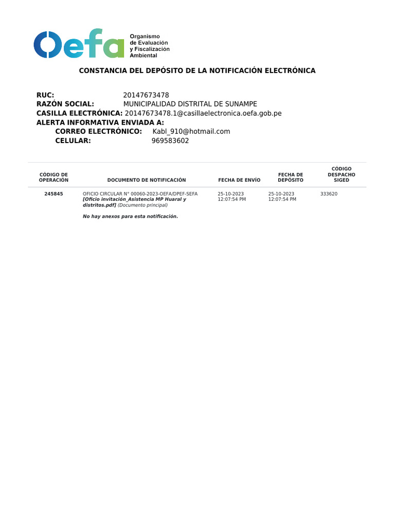 Const OFICIO CIRCULAR N 00060 2023 OEFA DPEF SEFA | PDF Const OFICIO CIRCULAR N 00060 2023 OEFA DPEF SEFA | PDF