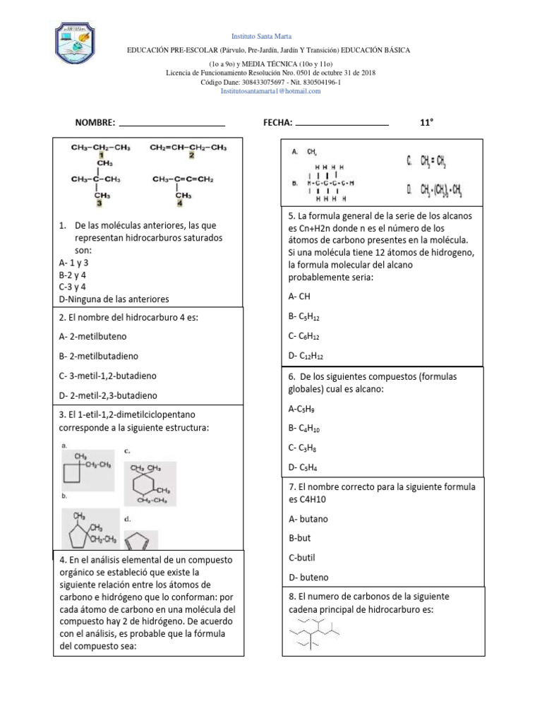 Examen Trimestral Undecimo | PDF | Alcano | Hidrocarburos