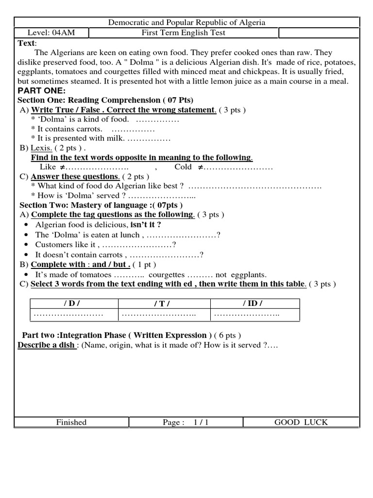 Dzexams 4am Anglais 15296 | PDF | Asian Cuisine | Food And Drink