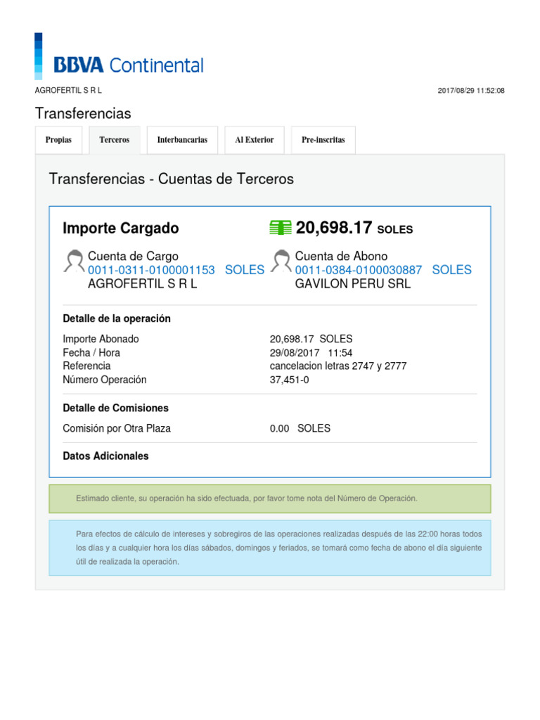 (BBVA) - Transferencias Letras 2747 y 2777 GAVILON BBVA | PDF