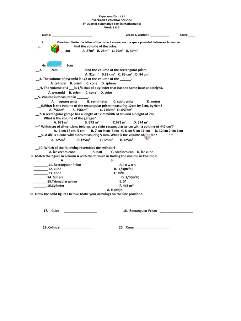 4th Quarter Math Test for Grade 6 | PDF | Volume | Pie Chart