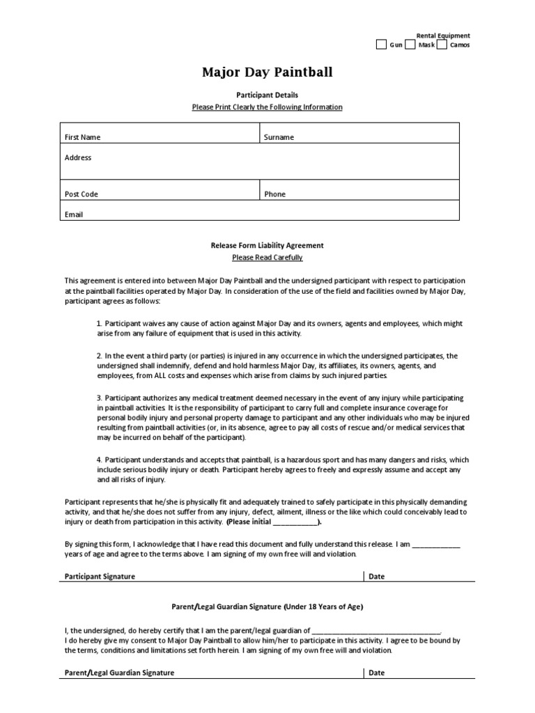 Major Day Paintball Release Form | PDF | Indemnity | Civil Law (Legal ...
