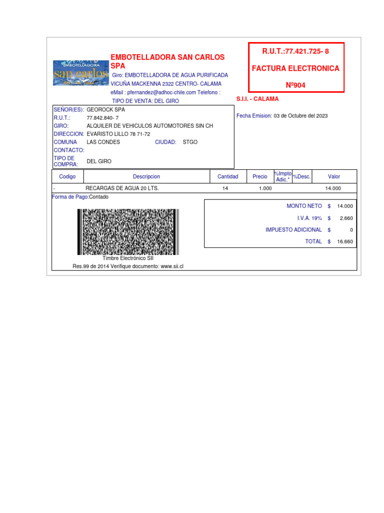 Embotelladora San Carlos SPA R.U.T.:77.421.725-8 Factura Electronica Nº904 | PDF