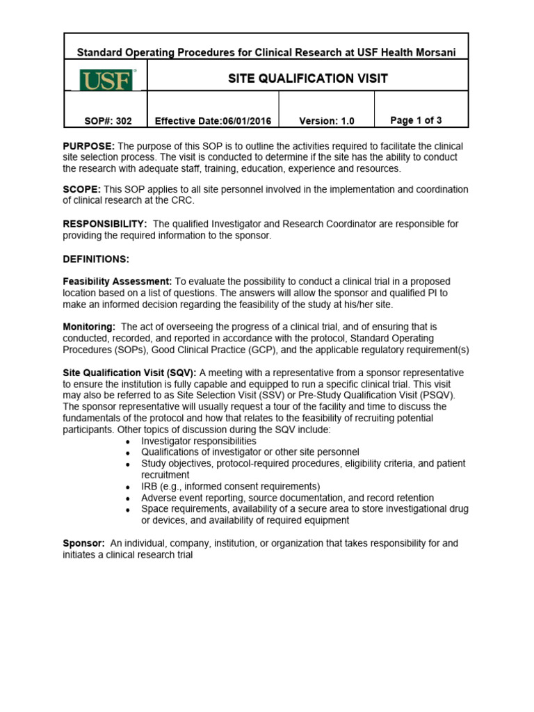 SOP 302 SiteQualificationVisit | PDF | Clinical Trial | Health Care