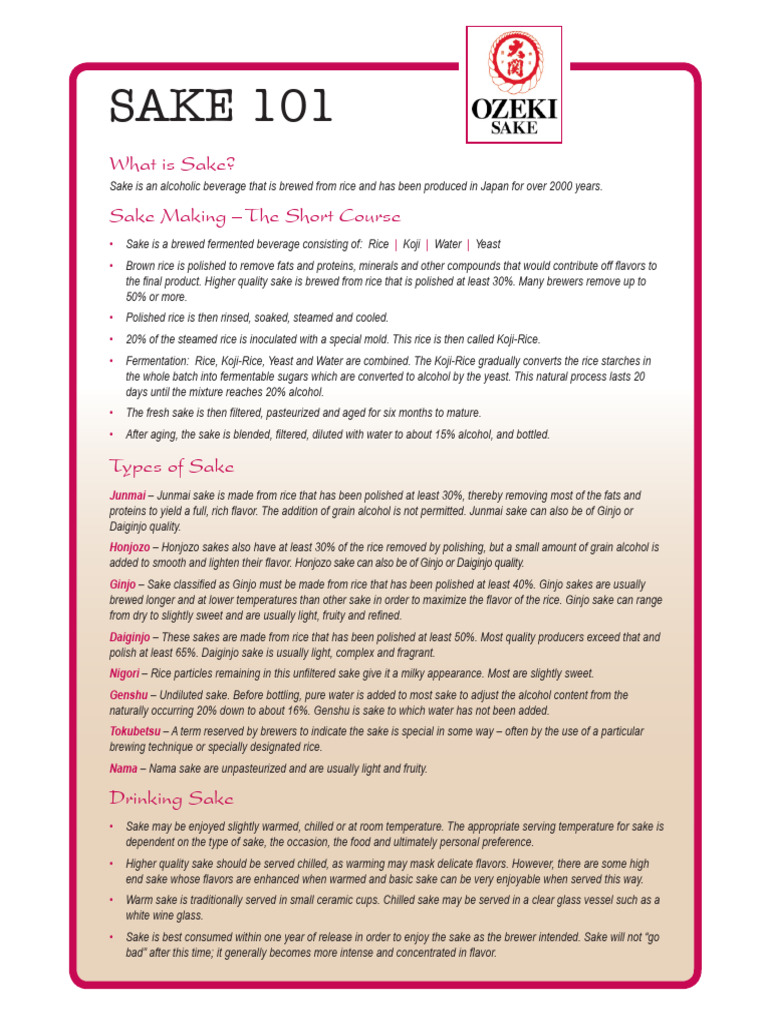Sake 101 How Sake I | PDF | Brewing | Fermentation In Food Processing