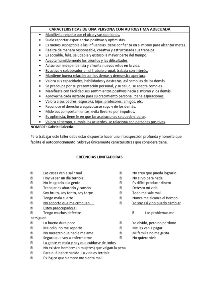 Autoestima Taller Individual Pdf Autoestima Amor