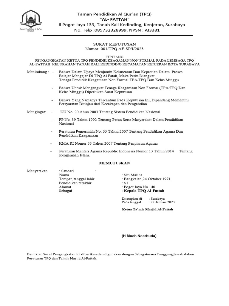 Surat Pengangkatan Kepala TPQ | PDF