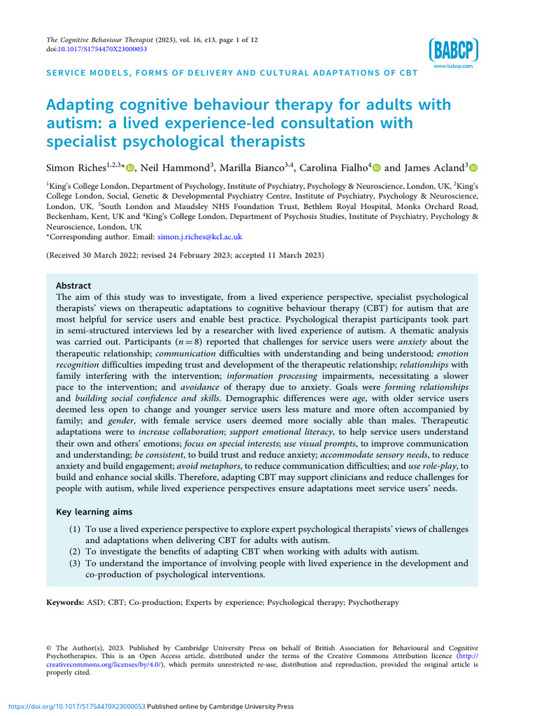 Adapting Cognitive Behaviour Therapy For Adults With Autism A Lived ...