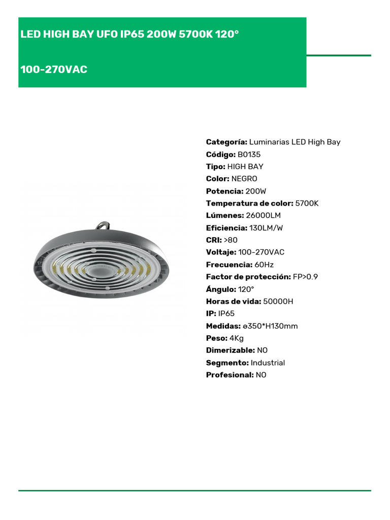 Led High Bay Ufo Ip65 200W 5700K 120° 100-270vac | PDF