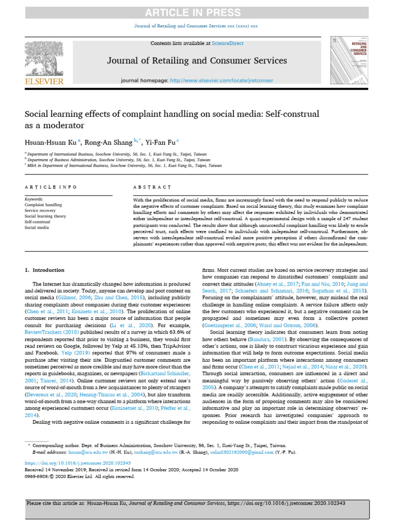 Social Learning Effects of Complaint Handling On Social Media - Self-Construal As A Moderator ...