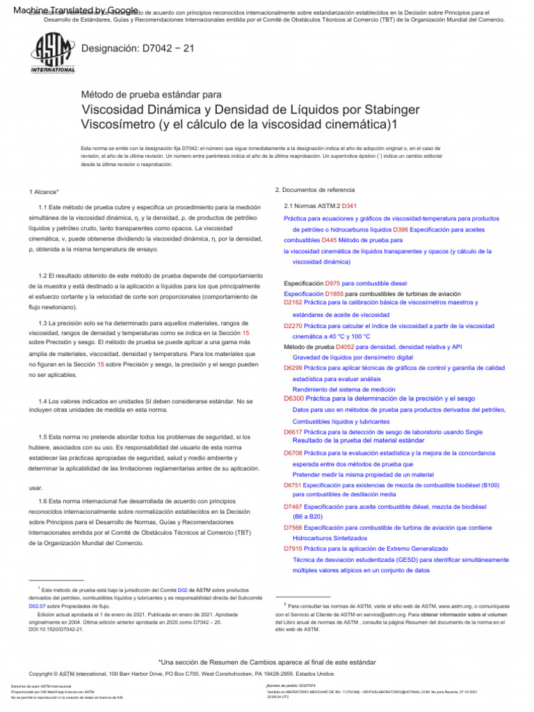 ASTM - D7042-21 Viscosidad Dinamica y Densidad Stabinger | PDF ...