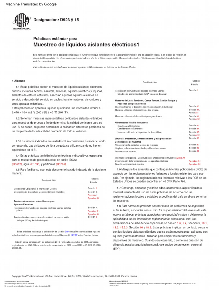 ASTM - D923-15 Prácticas Estándar para Muestreo de Líquidos Aislantes ...
