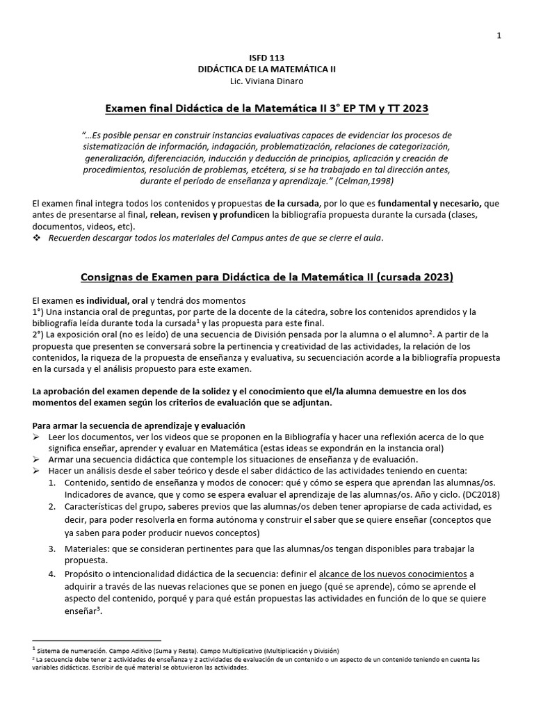 Pautas Examen Final 3EP TM y TT 2023 | PDF | Evaluación | Enseñando