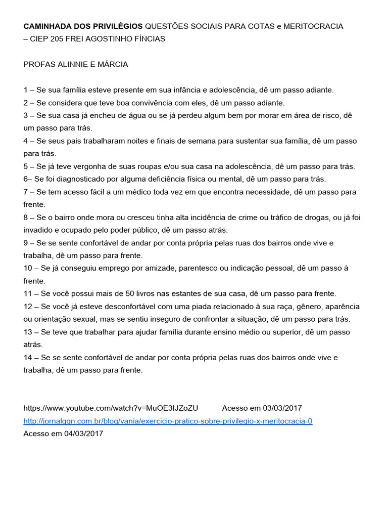 Caminhada dos Privilégios e Meritocracia | PDF