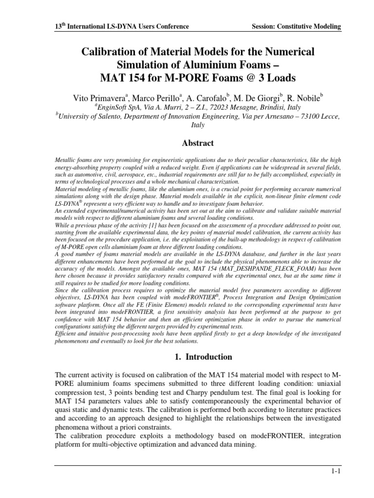 Calibration of Material Models For The Numerical Simulation of Aluminium Foams 2013 Mat 154 For ...