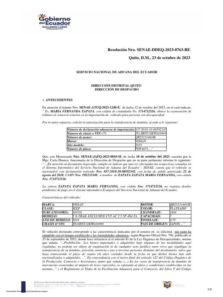 SENAE-DDEQ-2023-0763-RE | PDF | aduana | Gobierno