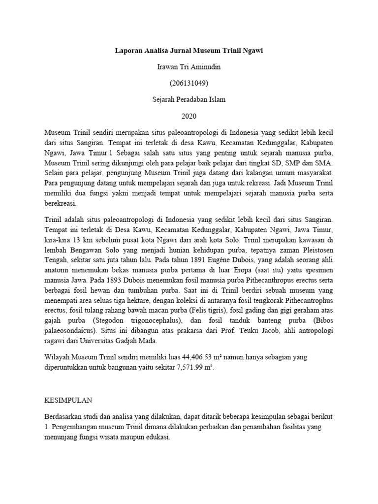 Laporan Analisa Jurnal Museum Trinil Ngawi | PDF