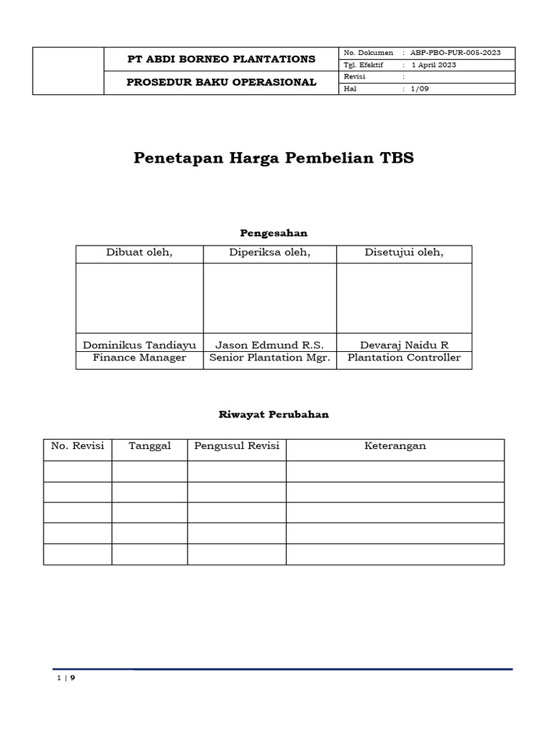 ABP-SOP - MR-004-2022 Penetapan Harga TBS r.0 | PDF | Bisnis | Teknologi & Rekayasa