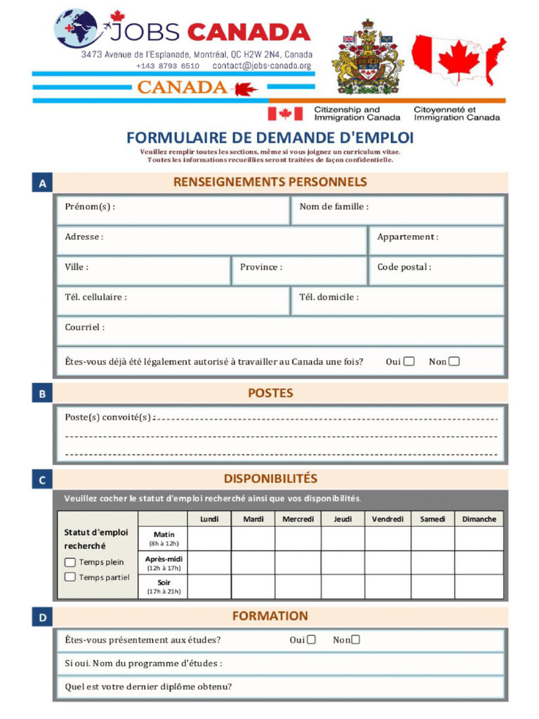 Formulaire Demande Emploi JOBS CANADA | PDF