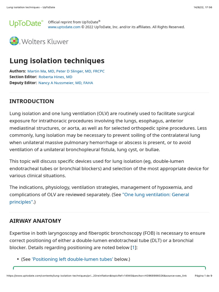 Lung Isolation Techniques - UpToDate | PDF | Clinical Medicine ...