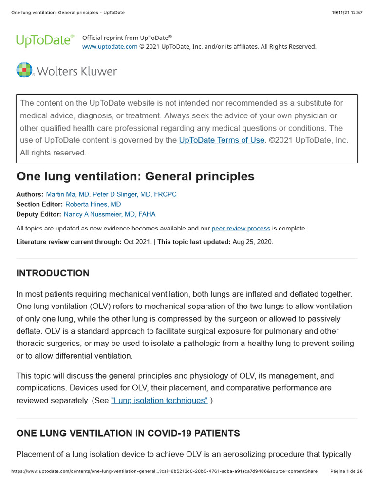 One Lung Ventilation: General Principles - UpToDate | PDF | Hypoxia ...