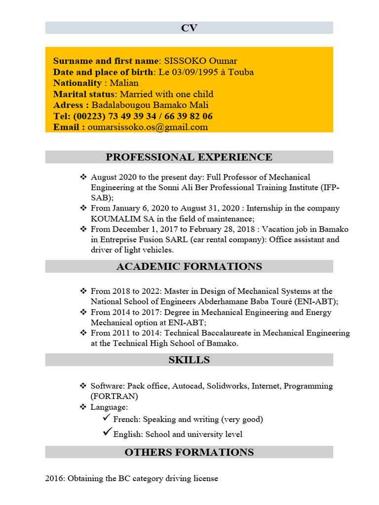 Oumar Sissoko's Mechanical Engineering CV | PDF | Business