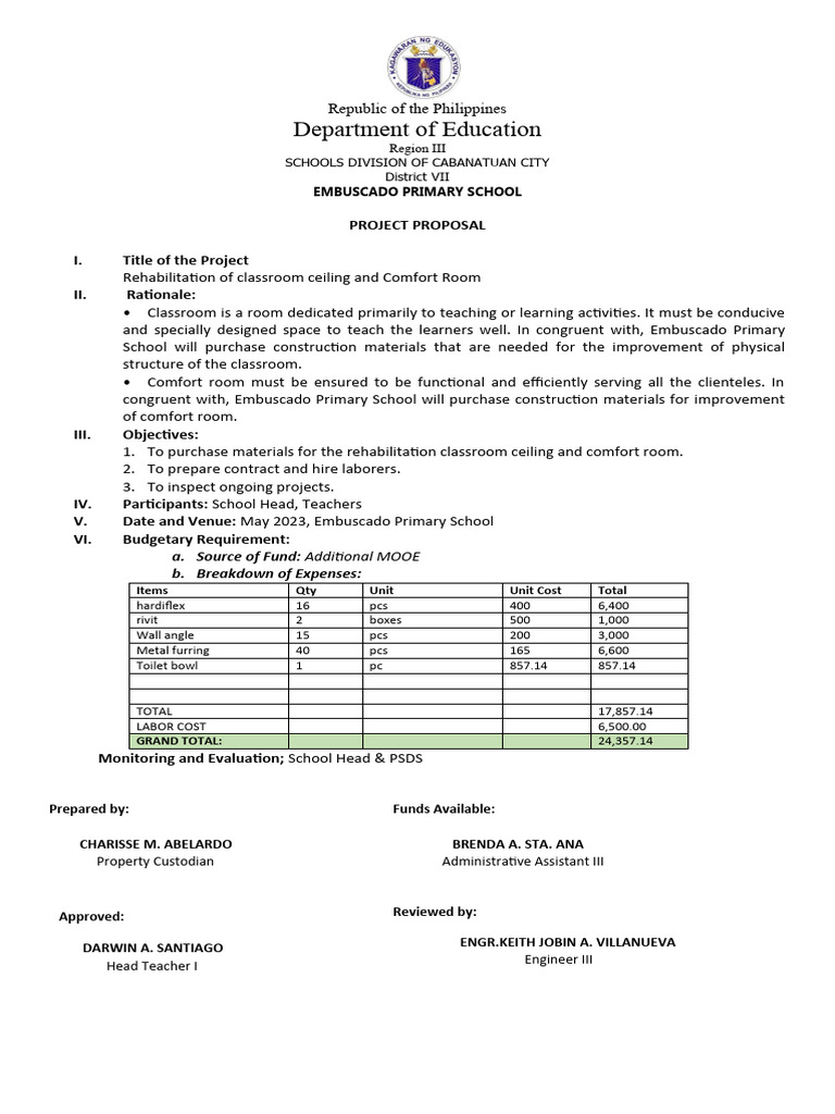 May Project Proposal For Improvement of Makeshift Classroom and Comfort Room | PDF