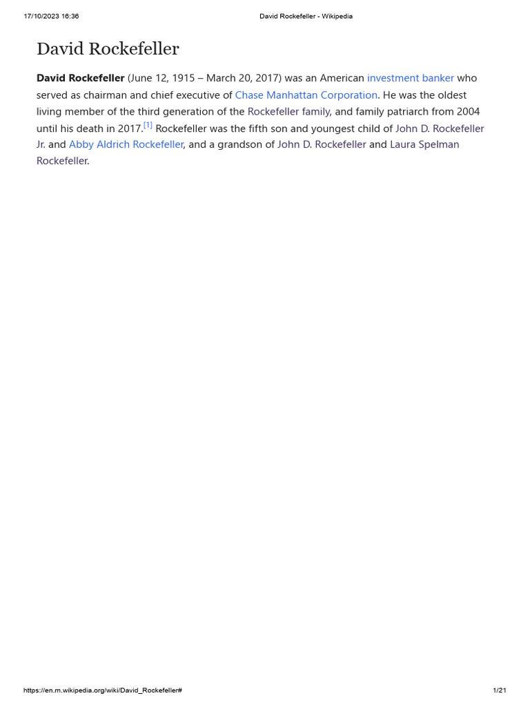 David Rockefeller - Wikipedia | PDF