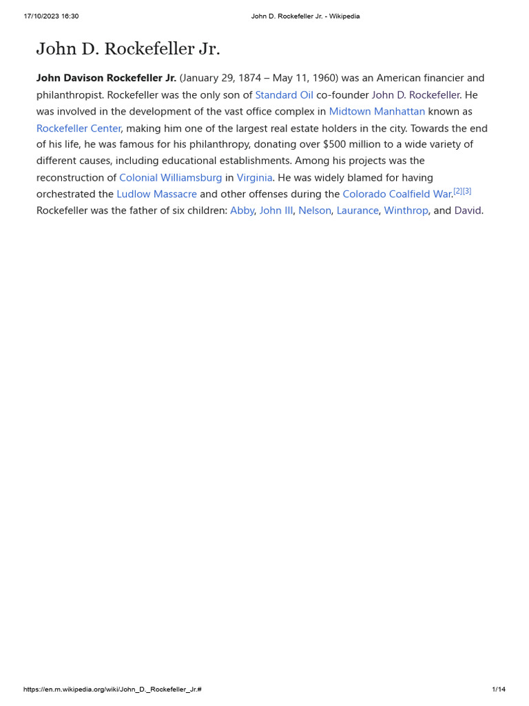 John D. Rockefeller Jr. - Wikipedia | PDF