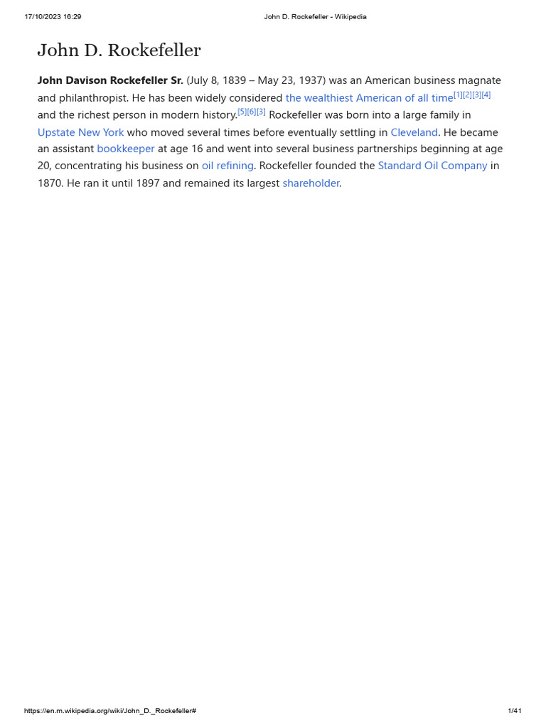 John D. Rockefeller - Wikipedia | PDF | John D. Rockefeller | Standard Oil