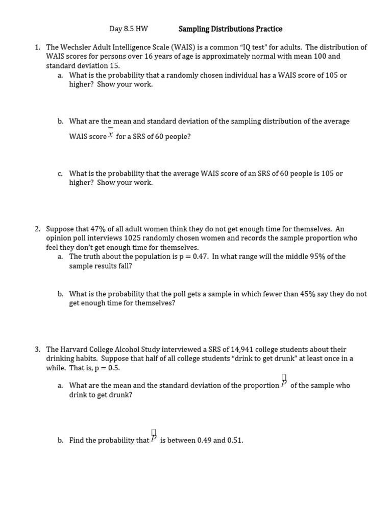 Sampling Distribution Practice Worksheet | PDF | Wechsler Adult Intelligence Scale | Standard ...