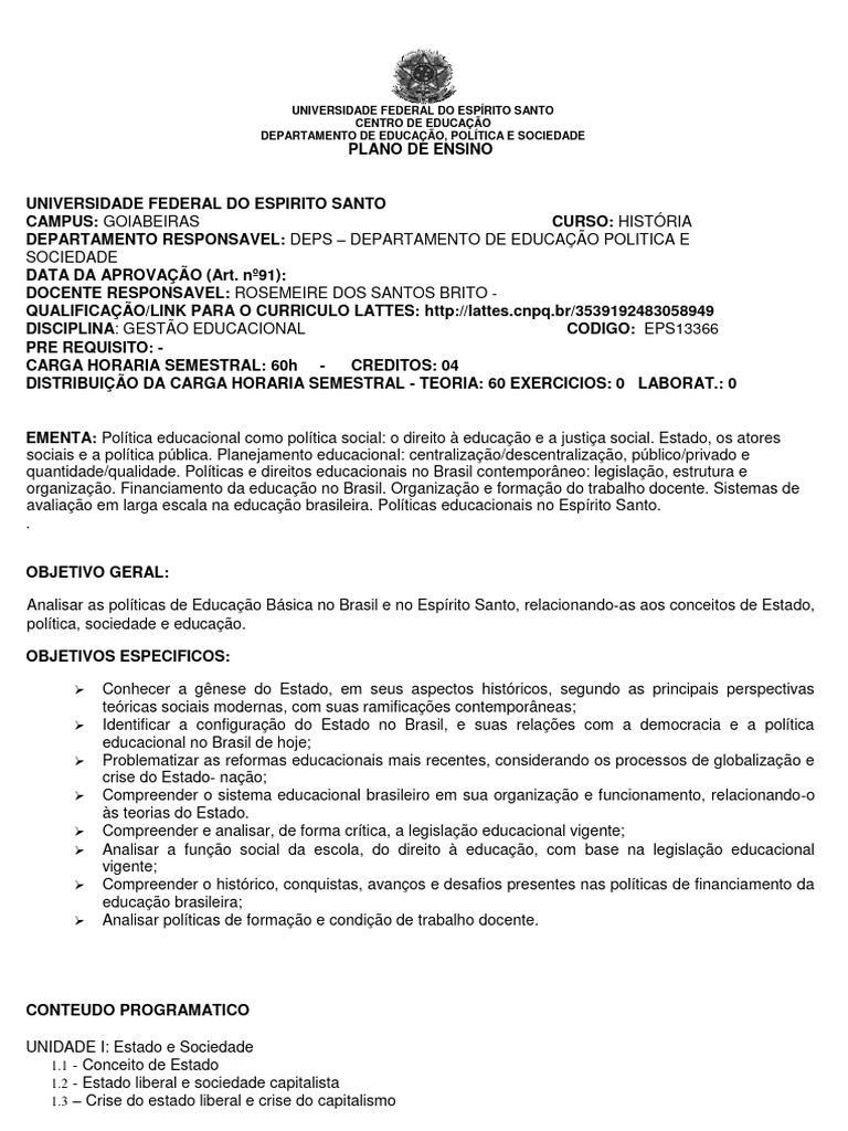 Plano de Ensino - Poeb - 2022 - 1 | PDF | Brasil | Estado