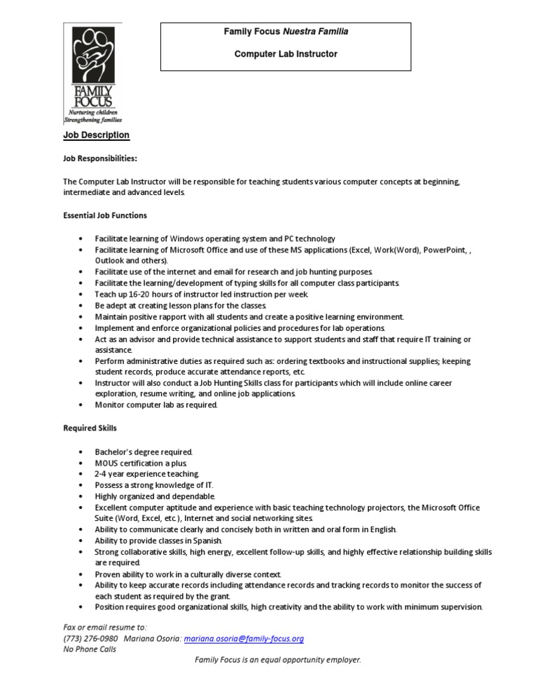 Computer Lab Instructor Job Description 9-2011 | PDF | Career & Growth ...