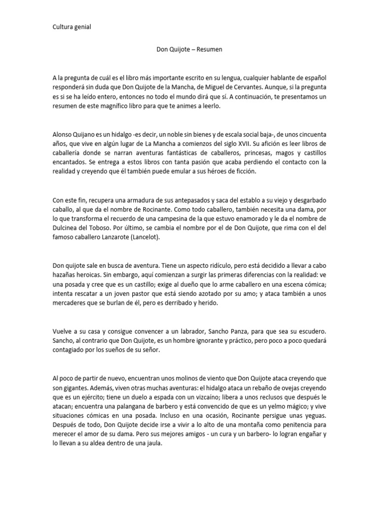 Resumen Don Quijote | PDF | Don Quijote