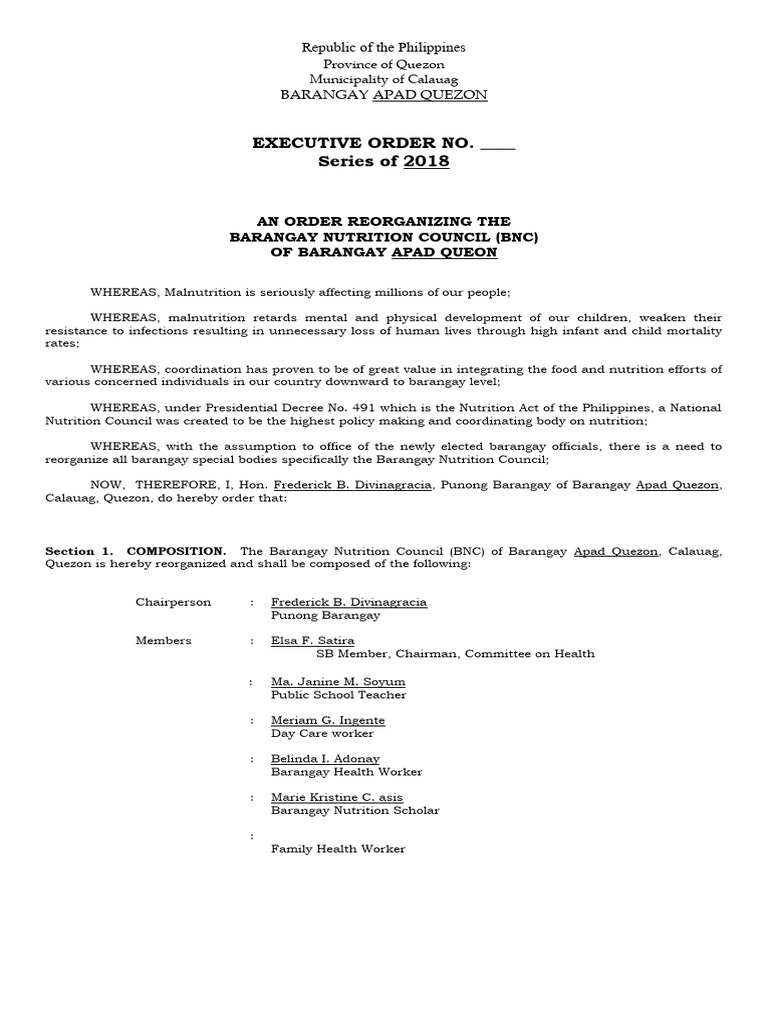 EO No. 015 2018 REORGANIZATION OF BNC | PDF | Health Care