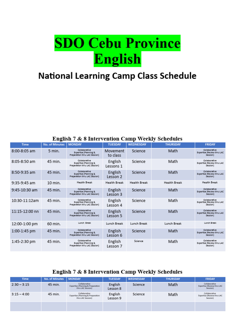 English Class Schedule of The Different Camps | PDF