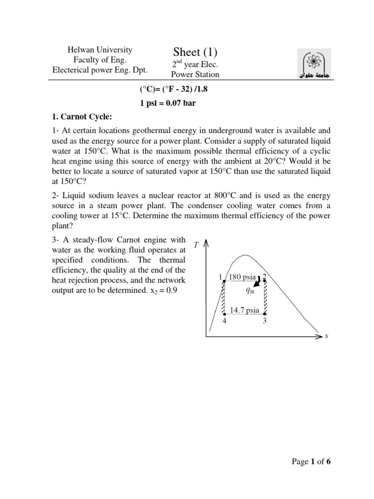 Sheet No.1 (Carnot-Rankine) | PDF | Steam | Steam Engine