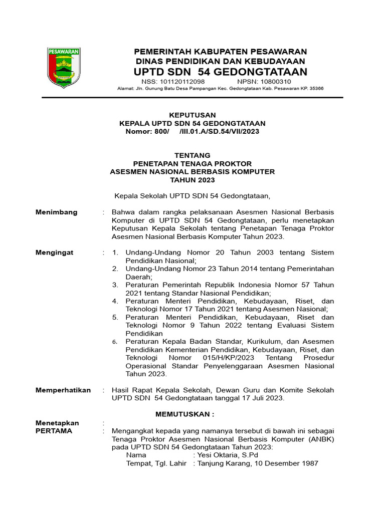 Contoh SK Proktor ANBK 2023 Uptd SDN 54 Gedongtataan | PDF