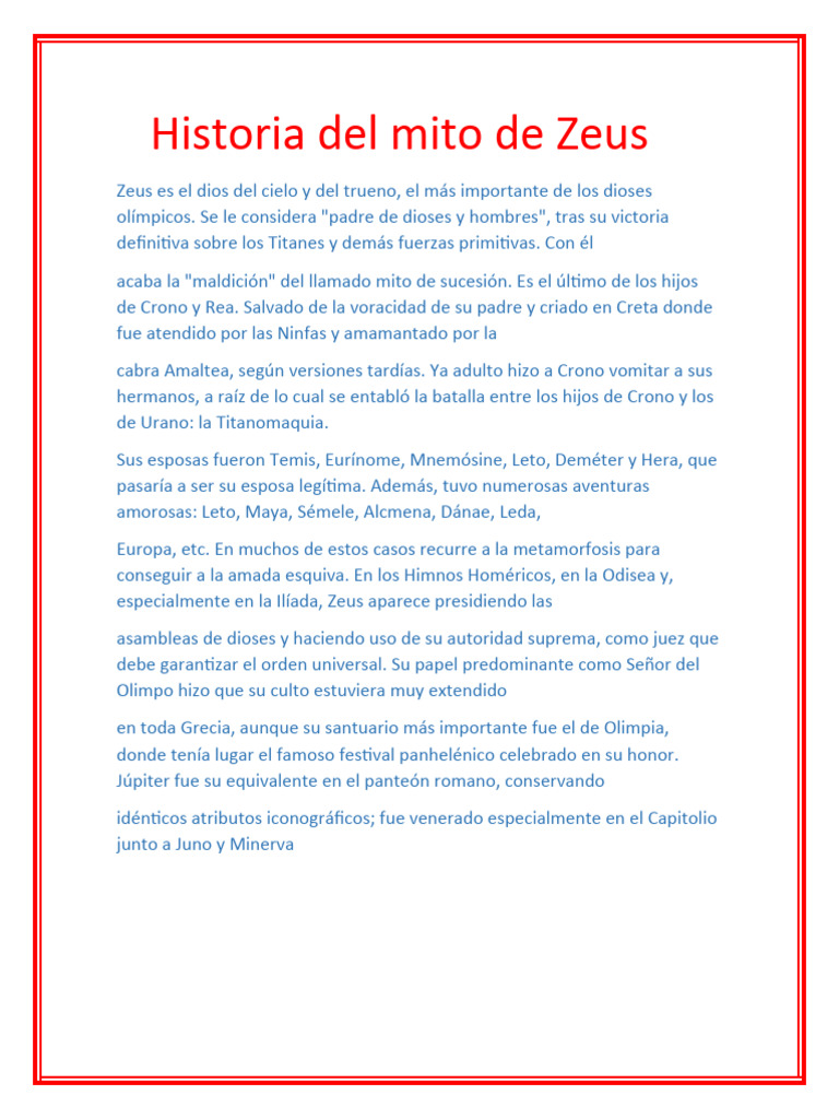 Historia Del Mito de Zeus | PDF | Zeus | Mitología griega