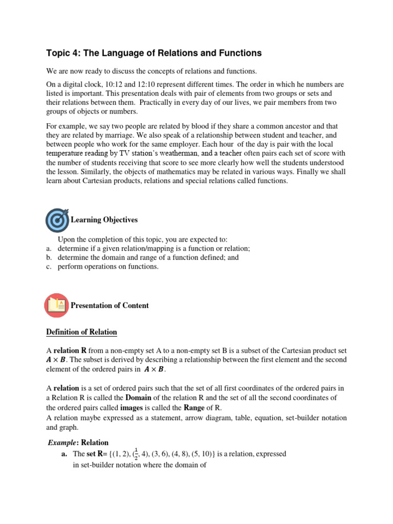 Topic 4 Relations And Functions Pdf Function Mathematics Set Mathematics