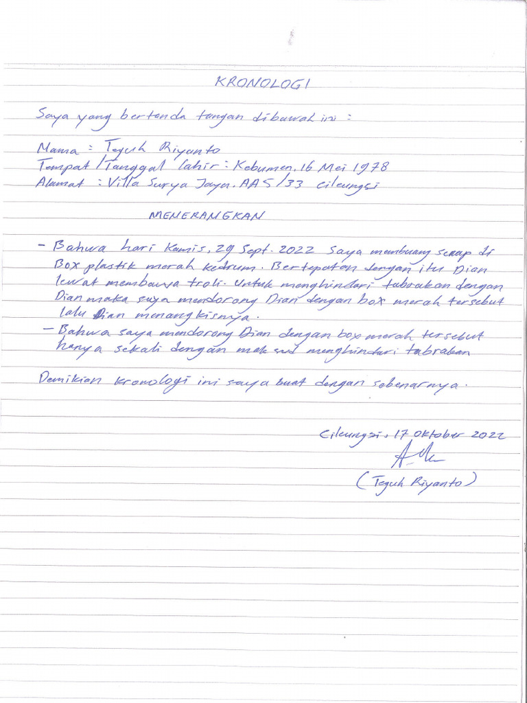 Kronologi Kejadian Versi Pak Teguh Riyanto | PDF