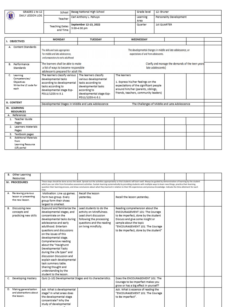 September 12-13, 2022: C. Learning Competencies/ Objectives Write The ...
